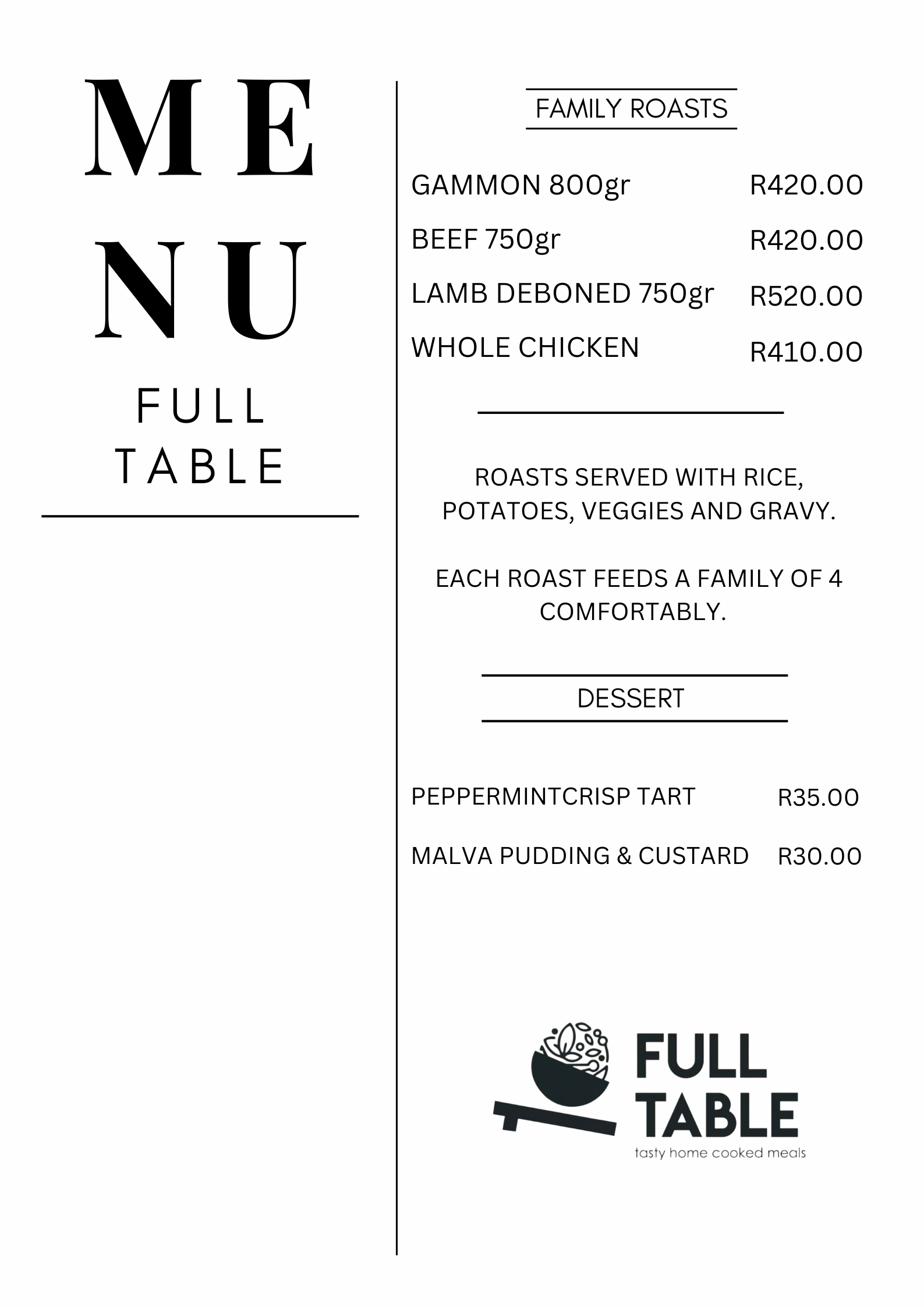 Menu - Full Table